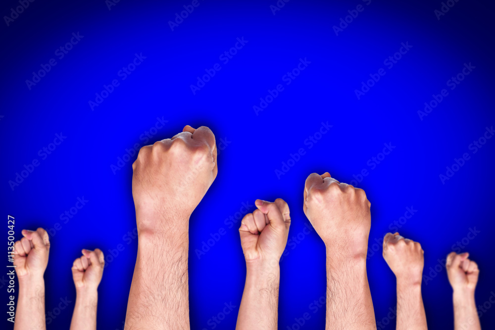 group of human hand showing fist on blue background, fighting fist ...