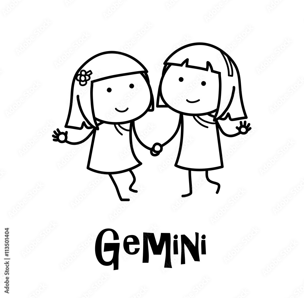 Gemini Zodiac, a hand drawn vector cartoon doodle illustration of ...