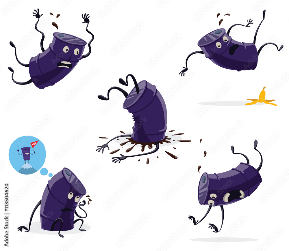 Vector set of cartoon images of funny purple barrels of black oil with ...