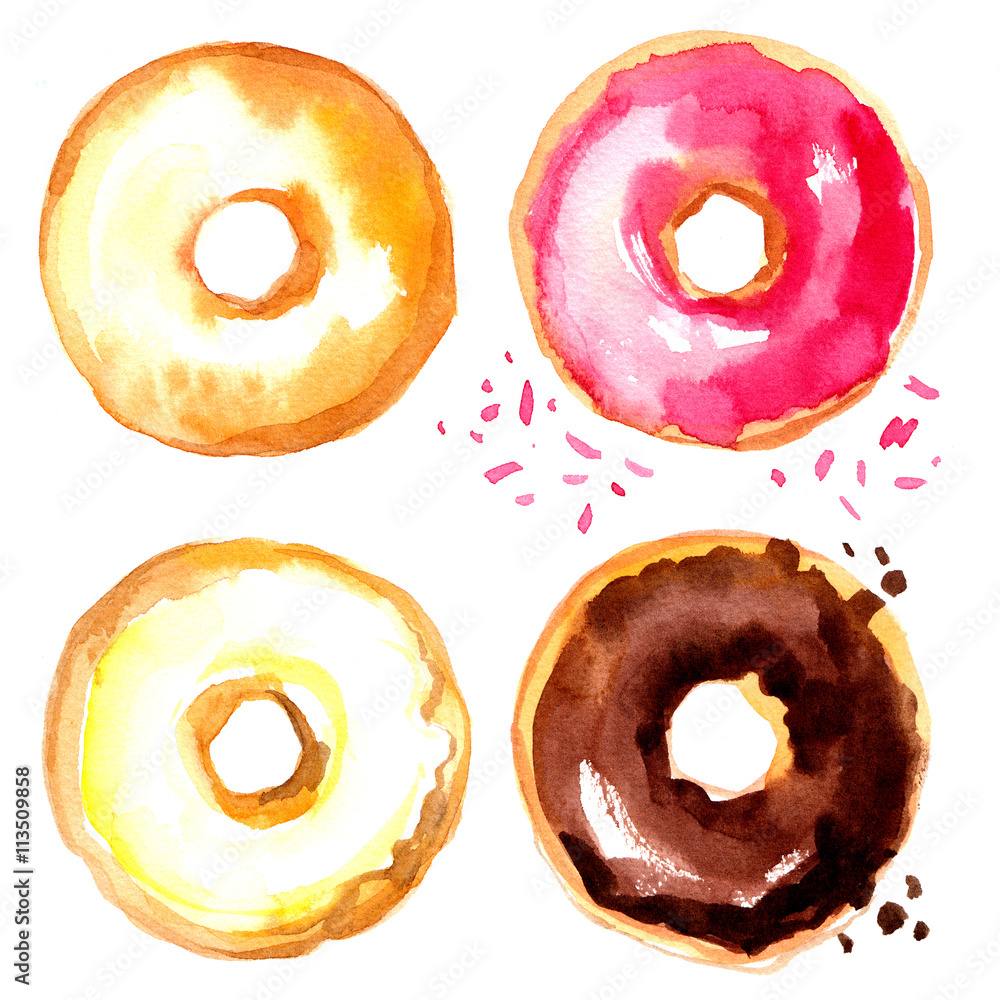 Donuts painted with watercolors on white background. Colored pastries ...