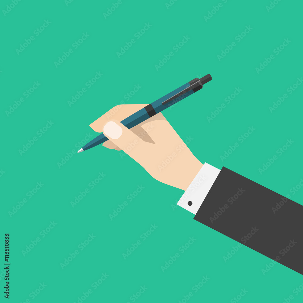 Hand holding pen isolated on green color background, flat cartoon hand ...