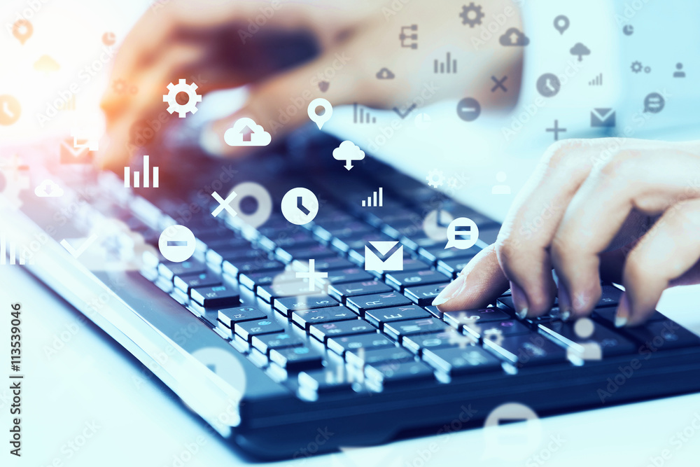 Woman use black keyboard Stock Photo | Adobe Stock