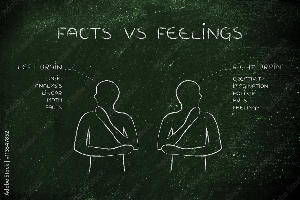 men with left and right brain captions, facts vs feelings Stock Photo ...