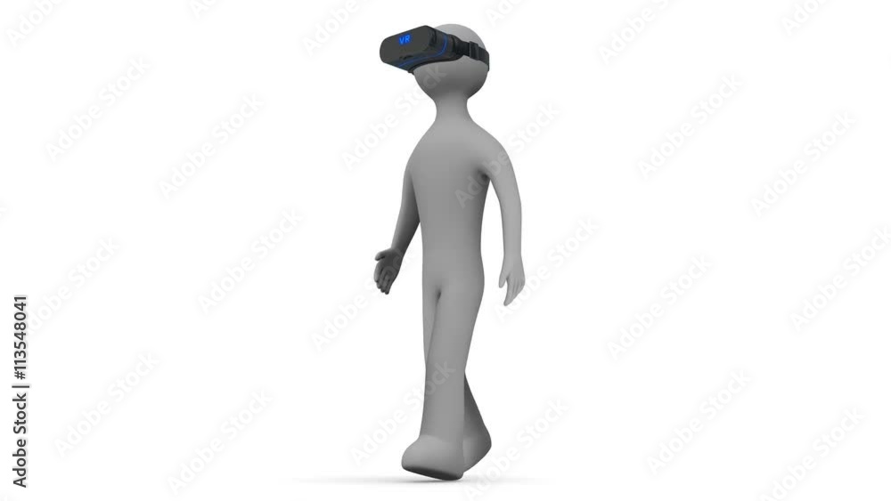 3d man walking in a virtual reality headset on white and transparent ...