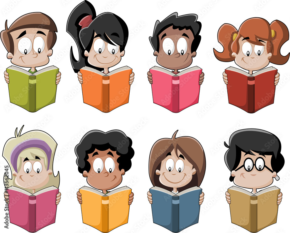 Cute cartoon children reading books. Students. Stock Vector | Adobe Stock