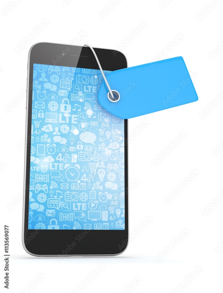 Smart phone with blue price tag on white background. Identification ...