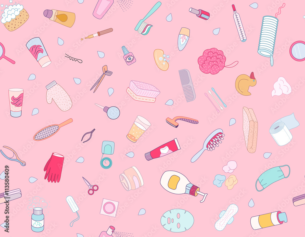 Hygiene elements seamless pattern on pink background, flat cartoon ...