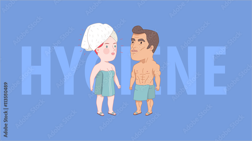 Hygiene, After shower, flat cartoon vector illustration, man and woman ...