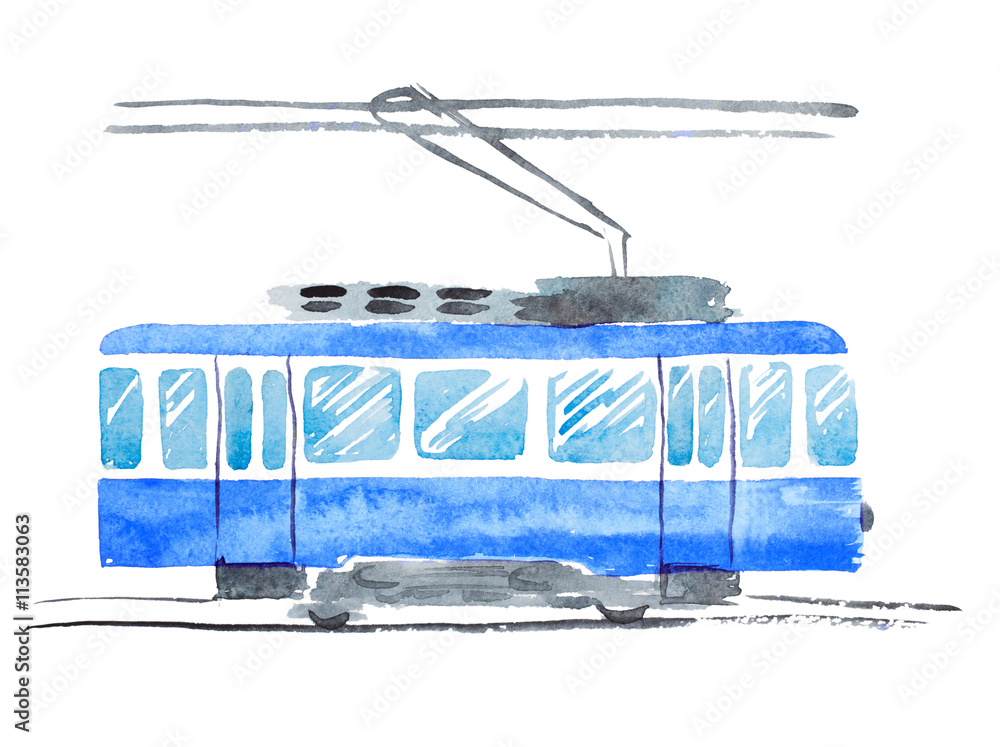 Bright Watercolor Illustration of Traditional Public Tram. Hand Drawn ...