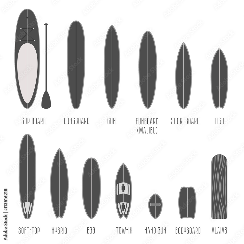 Set of surfboard types, volume shapes in scale. Different silhouettes ...