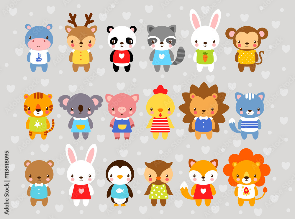 Set of vector animals in cartoon style. Cute animals on a gray ...