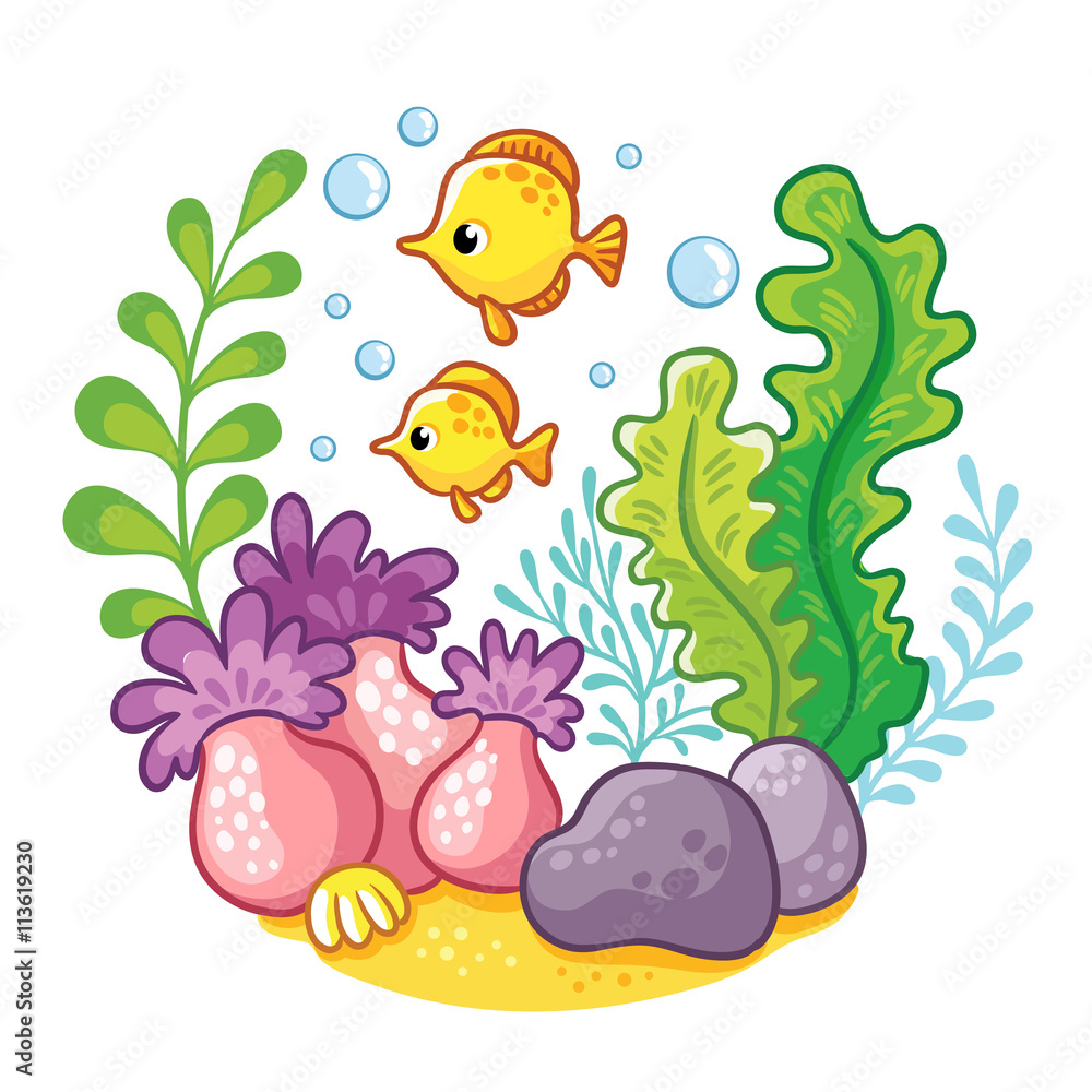 Сartoon underwater life. Vector illustration. Sea, fish, algae, corals ...
