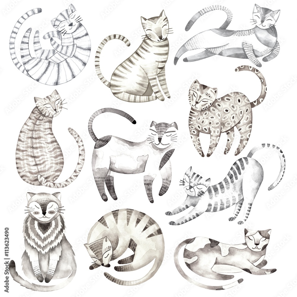 Hand drawn line cat set Stock Illustration | Adobe Stock