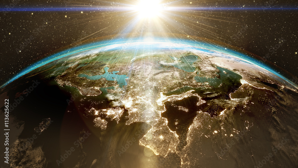 Highly detailed epic sunrise over world skyline. Planet earth Europe ...