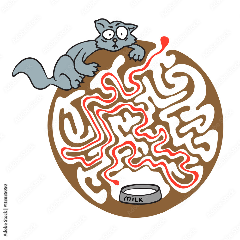 Maze puzzle for kids with cat and milk. Labyrinth illustration ...