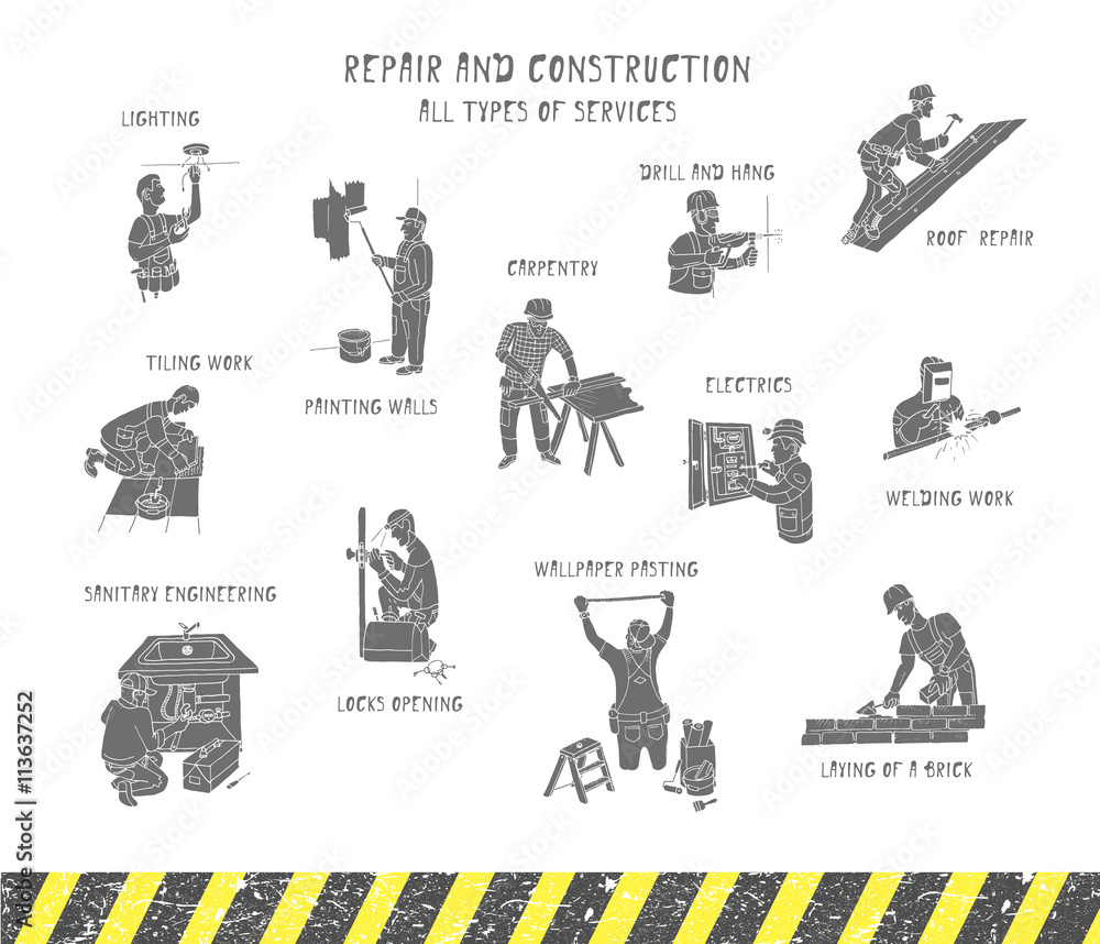 Repair & construction. All types of services. Silhouettes of men at ...