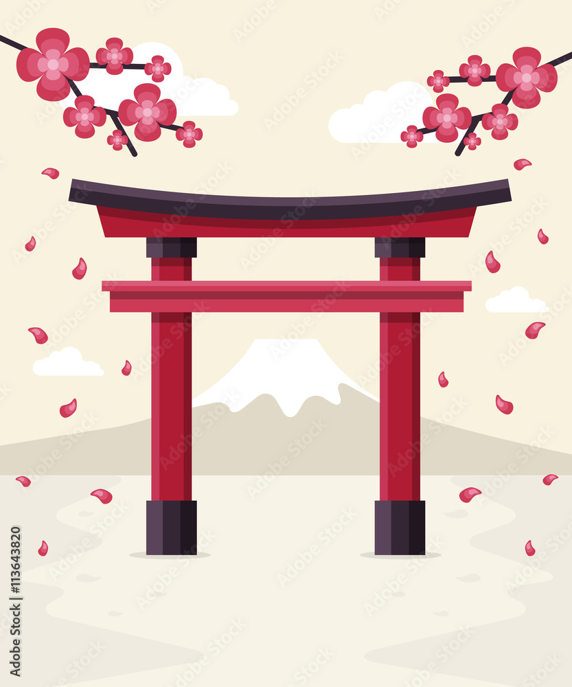 Japanese Tori Gate, Sakura Blossom and Mount Fuji at Background. Flat ...