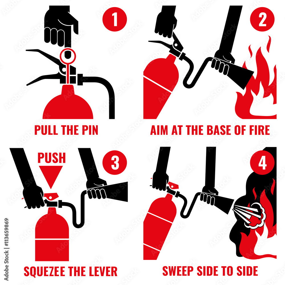 Fire extinguisher instruction vector labels set. Instruction extinguisher and protection of fire ...