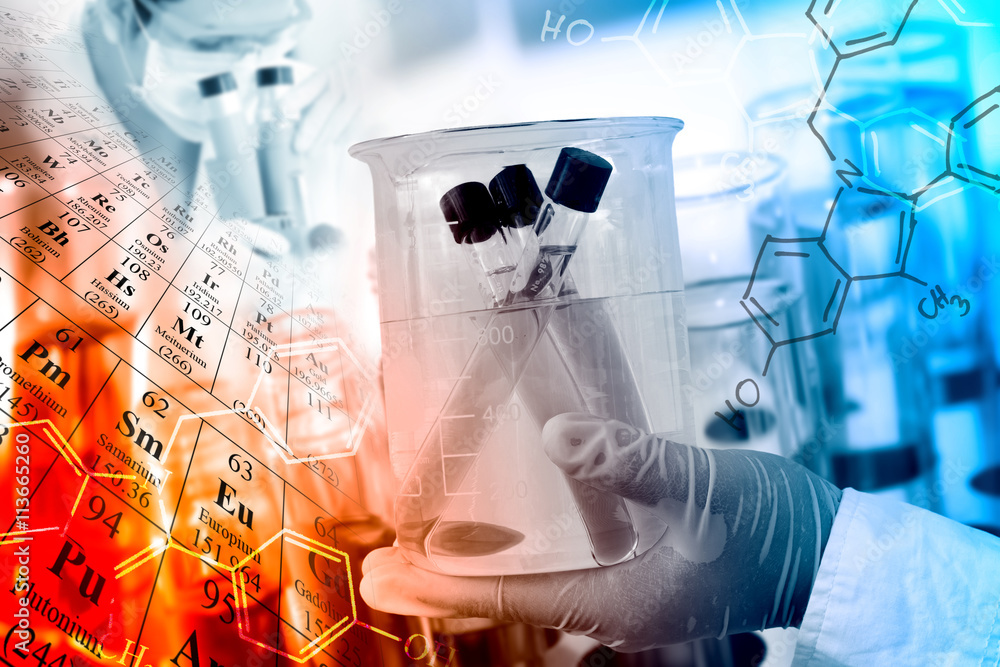 Scientific concept, gloved hand hold a beaker in laboratory room with ...