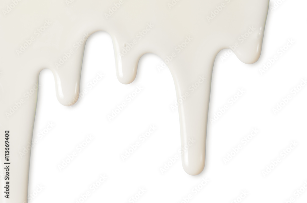 Dripping white milk, cream, paint yogurt on white background Stock ...