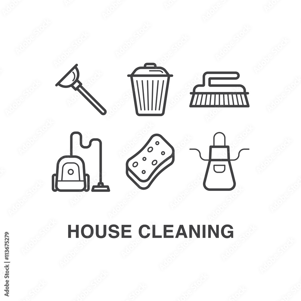 House cleaning icons set with plunger, trash bin, brush, vacuum cleaner ...