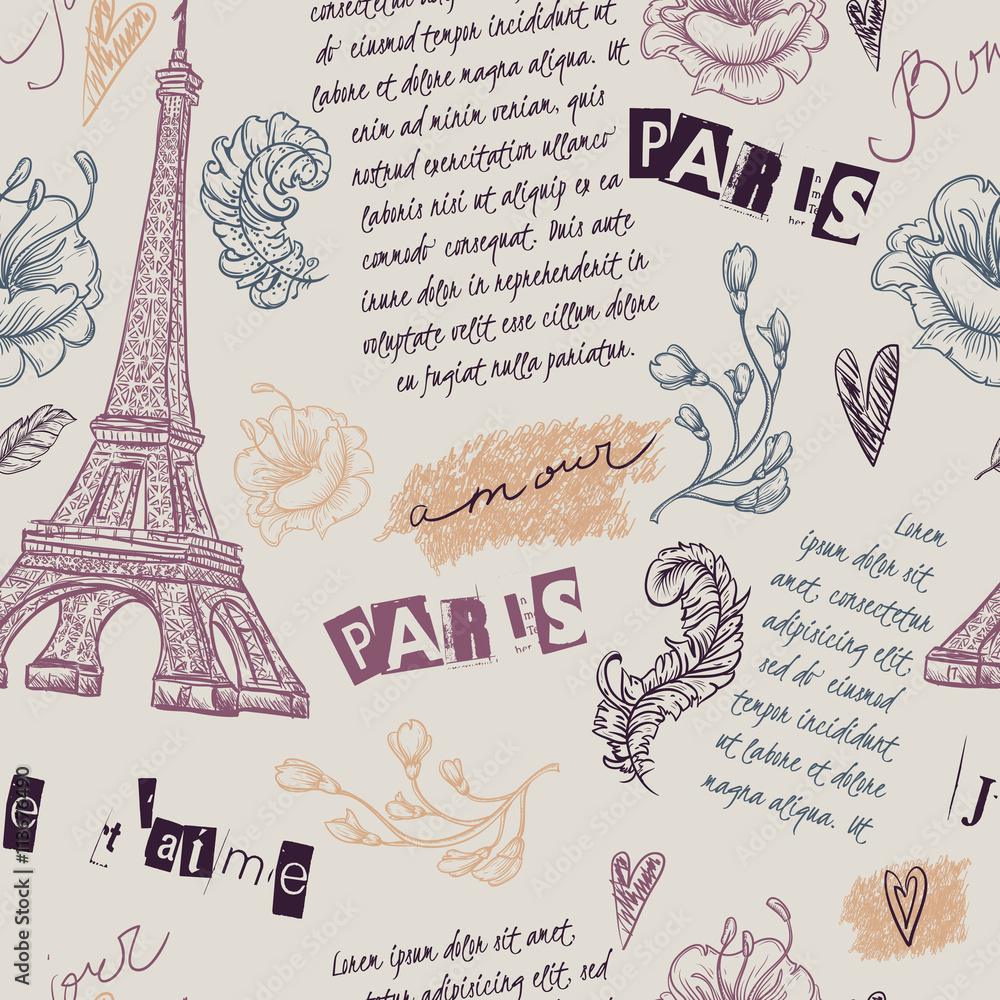 Paris. Vintage seamless pattern with Eiffel Tower, flowers, feathers ...