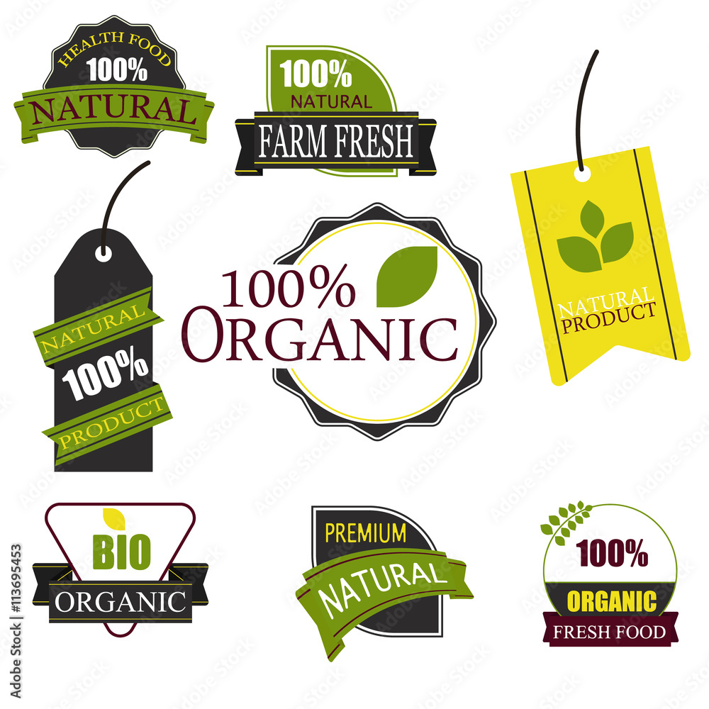 Organic food labels and elements.Natural organic product labels ...