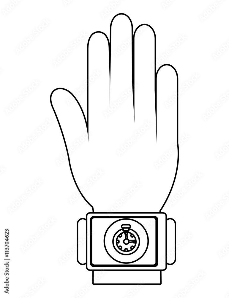 cartoon human hand wearing square watch with circle on the screen and ...