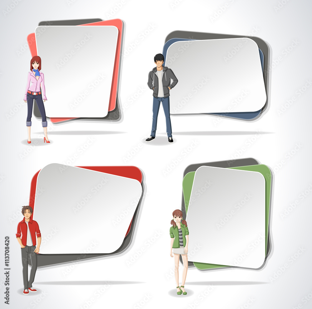 Vector banners / backgrounds with cartoon young people. Design text box ...