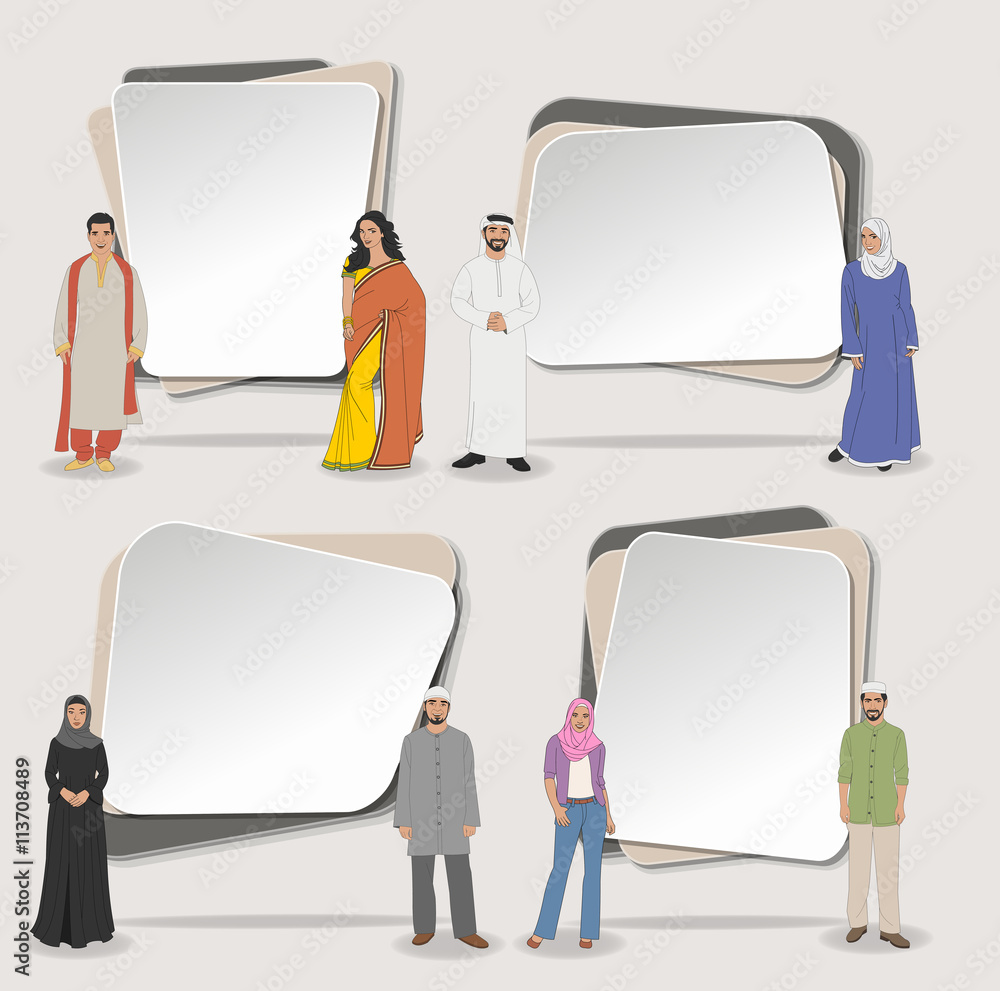 Vector banners / backgrounds with muslim people wearing traditional ...