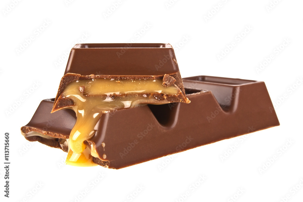 Chocolate bar with caramel isolated on white background Stock Photo ...