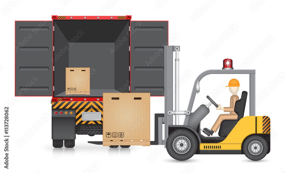 Vector of driver sorting cardboard box on pallet into storage of cargo ...