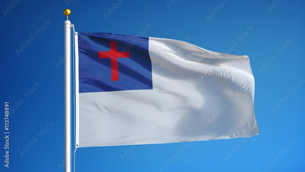 Christian flag waving in slow motion against clean blue sky, seamlessly ...