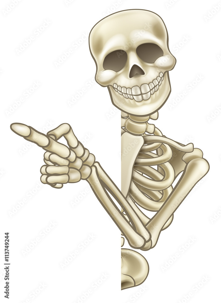 Skeleton Cartoon Peeking Round Sign and Pointing Stock Vector | Adobe Stock