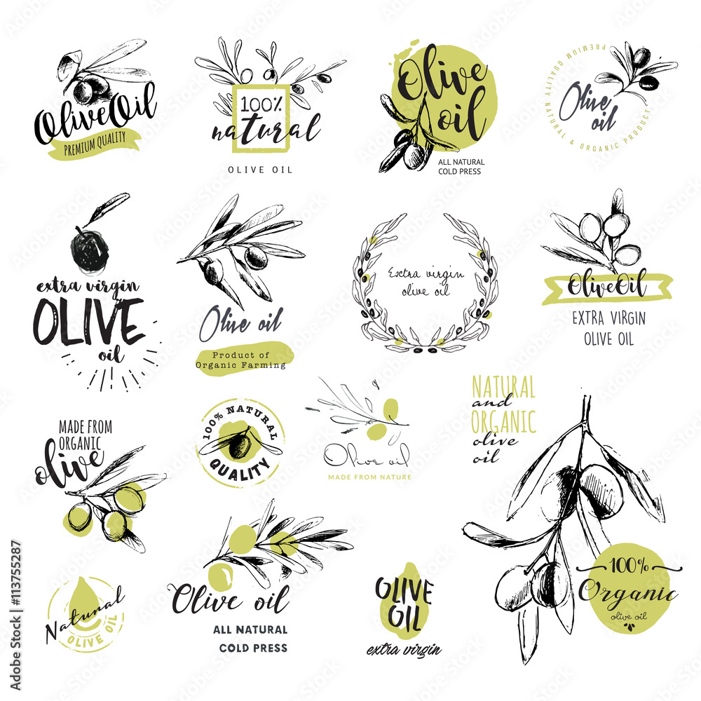Set of hand drawn watercolor stickers and badges of olive oil. Vector ...