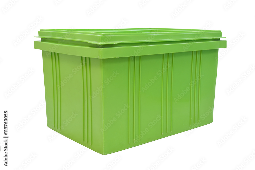 green plastic box packaging of finished goods product on white ...