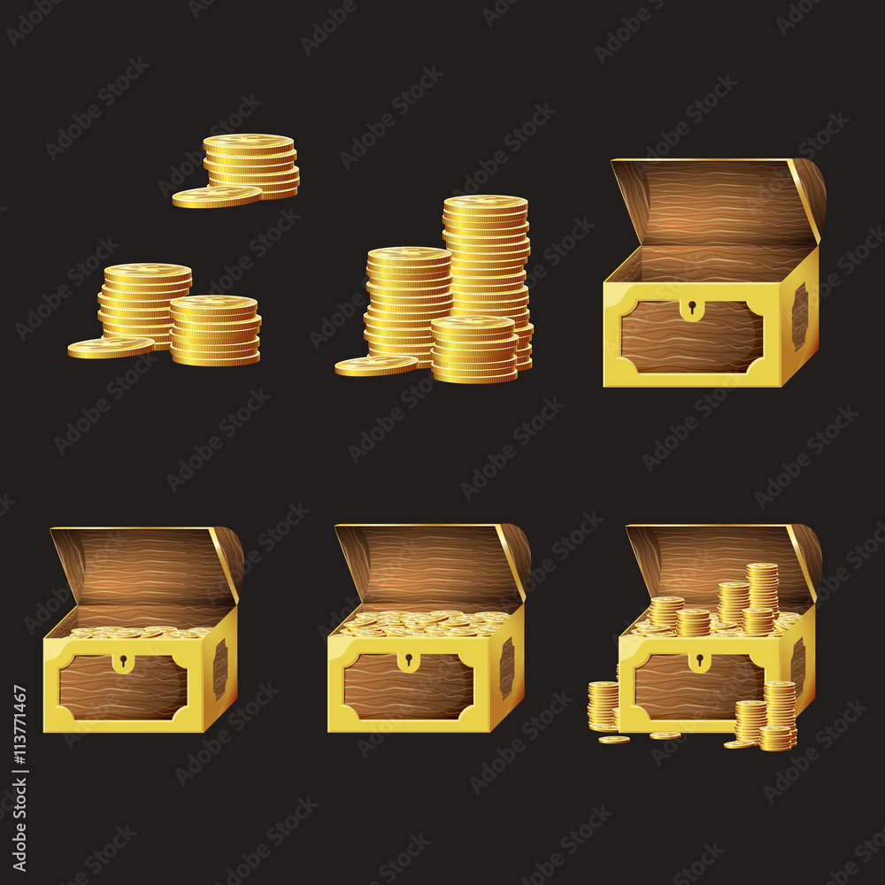 Set of game icons of gold coins and chests. Gui asset elements ...