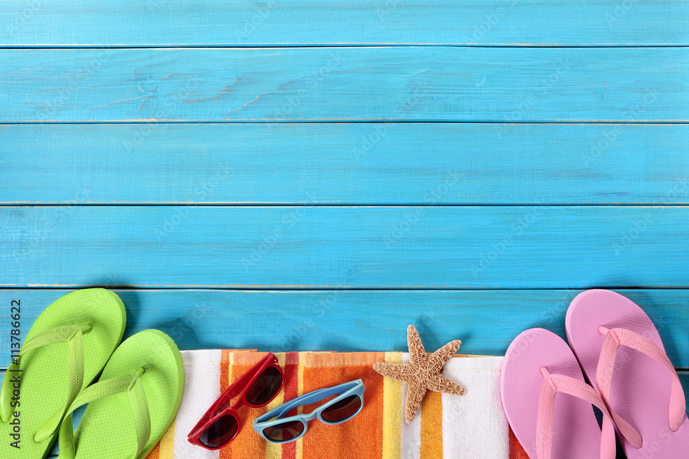 Summer beach background border sunglasses flip flops starfish couple ...