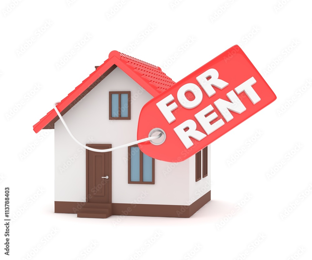 Miniature model of house real estate for rent label on white background ...