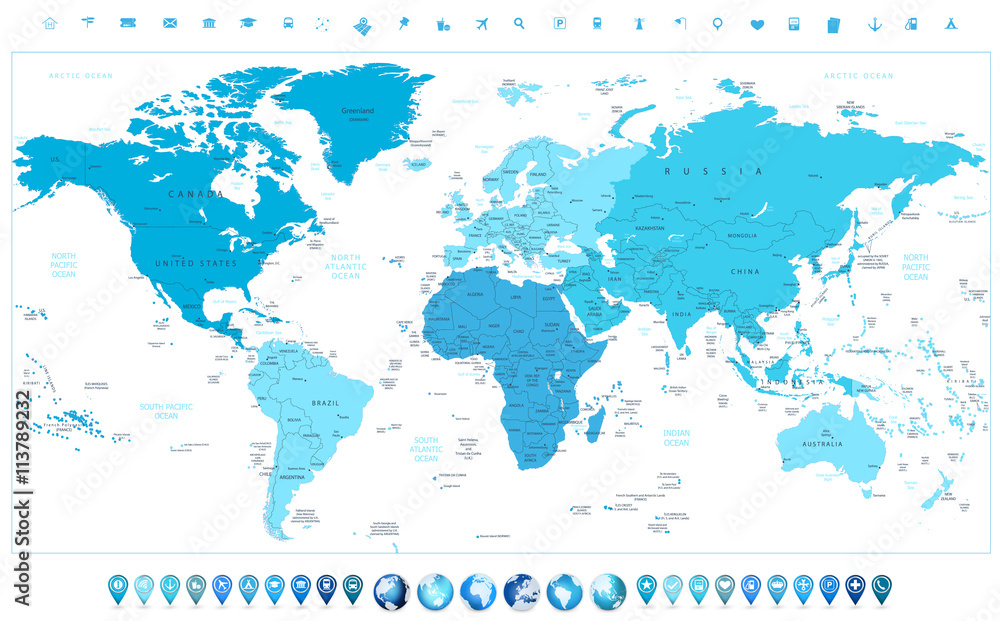 World map continents in colors of blue and glossy globes with ma Stock ...