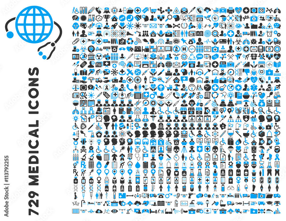 Medical Icon Collection with 729 vector icons. Style is bicolor blue ...