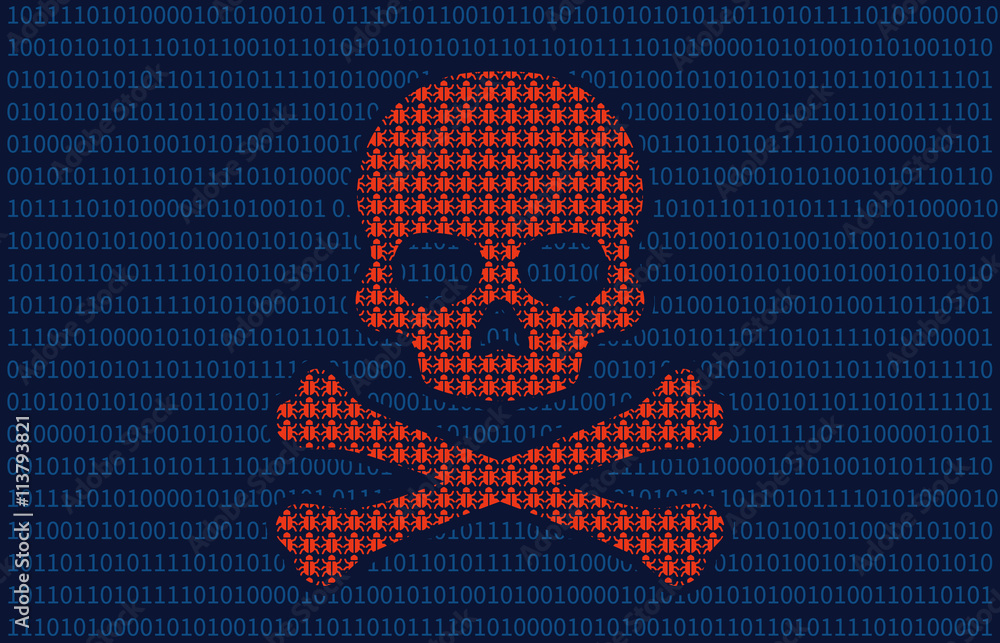 Computer virus infection skull of death flat illustration for websites ...