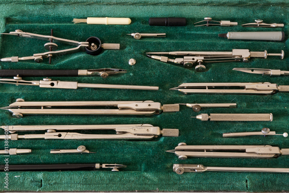 Vintage case of drawing instruments with compasses and other drawing ...