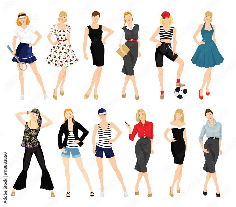 vector illustration of of girls in various pose isolated on white background. Vector ...