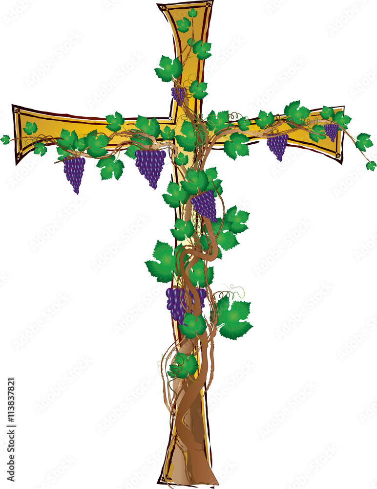 Floral grapevine cross, grape clusters on a vine tree in a shape of a ...
