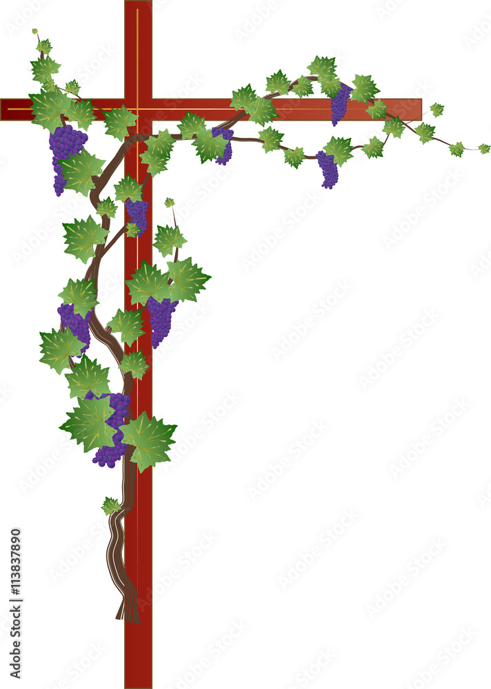Floral grapevine cross, grape clusters on a vine tree in a shape of a ...