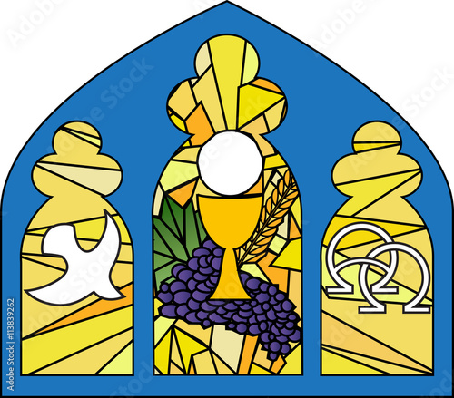 Eucharist symbols of bread and wine, chalice and host with wheat ears ...