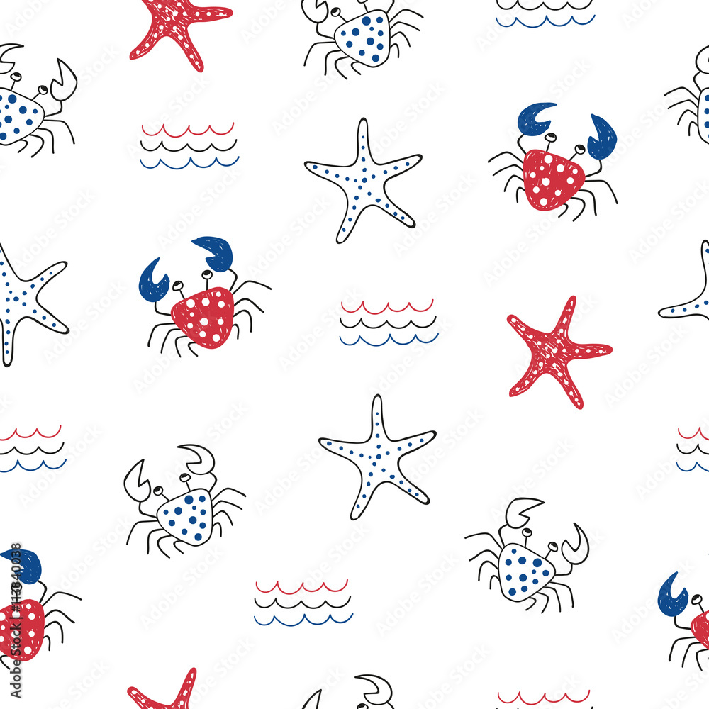 Sea seamless pattern. Marine life. Vector marine background with cute ...
