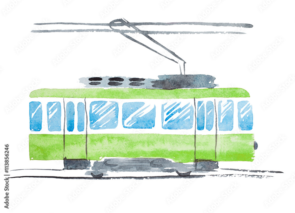 Bright Watercolor Illustration of Traditional Public Tram. Hand Drawn ...