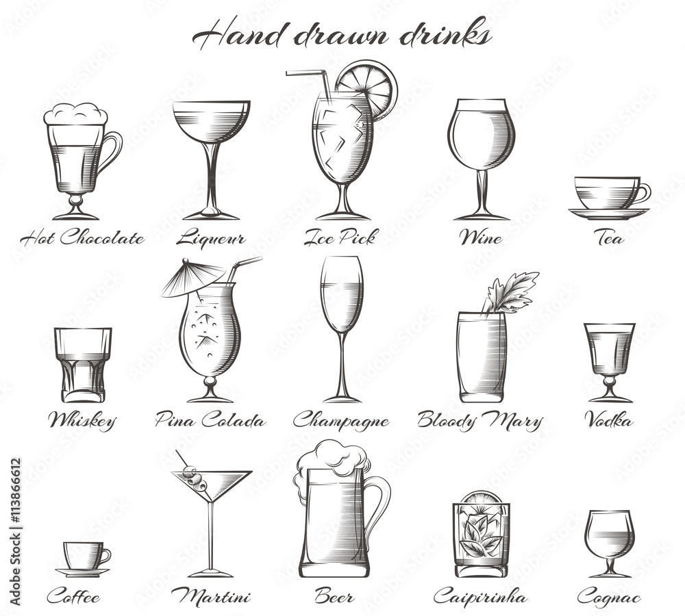 Hand drawn drinks. Vector sketch of alcoholic and non-alcoholic ...